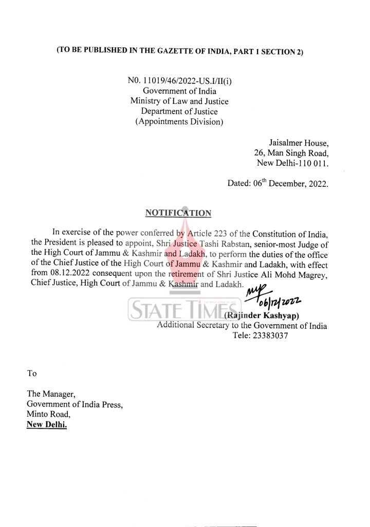 President appoints Justice Tashi Rabstan as acting Chief Justice of J&K ...