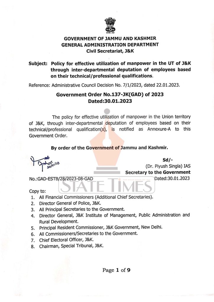 Govt notifies policy for utilisation of manpower in J&K UT through ...