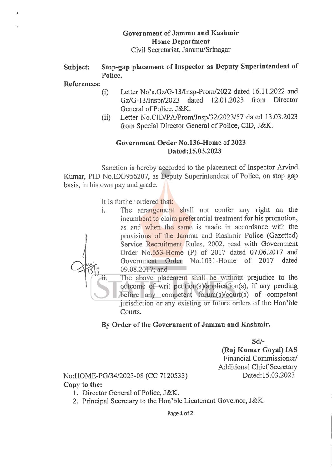 Inspector Arvind Kumar promoted as DySP – Statetimes