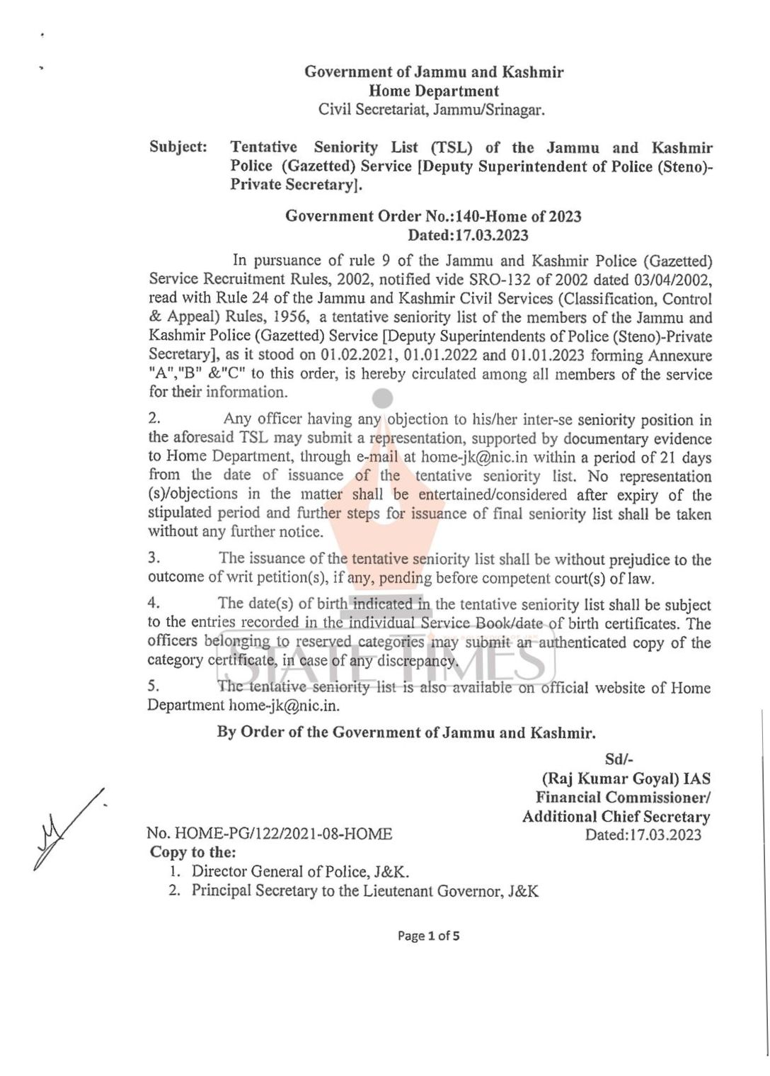 Govt releases seniority list of J&K Police – Statetimes