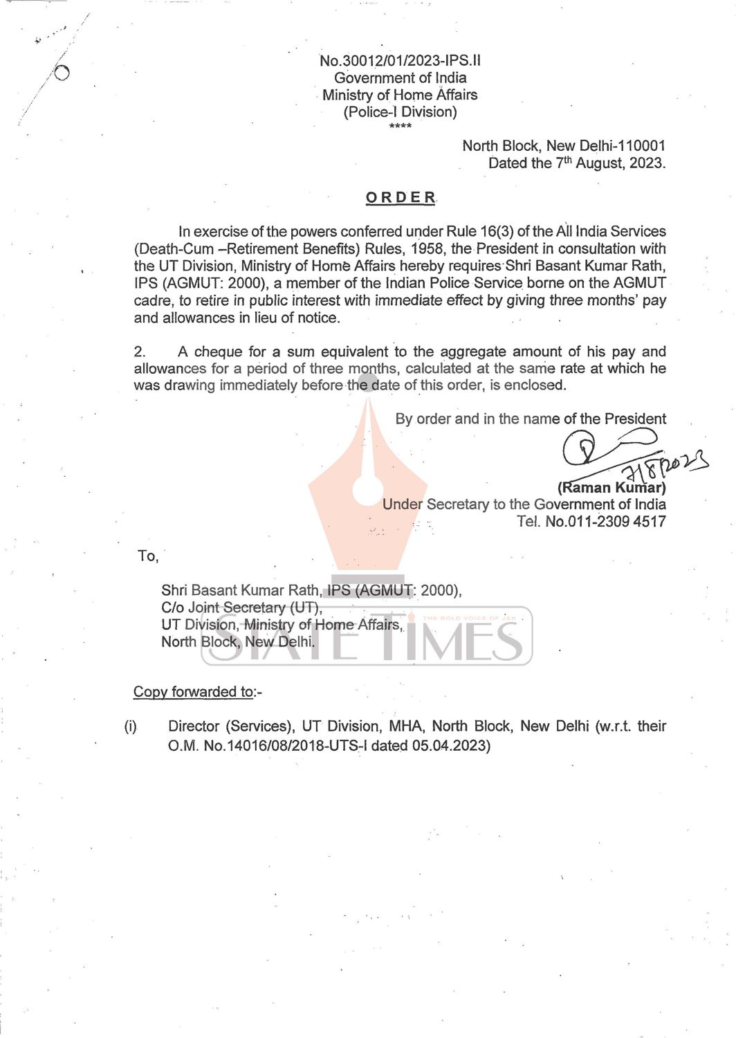MHA orders premature retirement of IPS officer Basant Rath – Statetimes